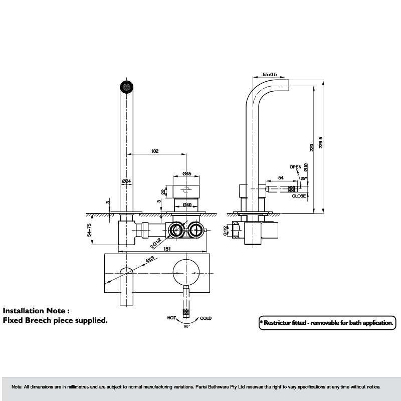 Parisi Tondo Wall Mixer 220mm Curved Spout with Rectangular Plate - Ch ...